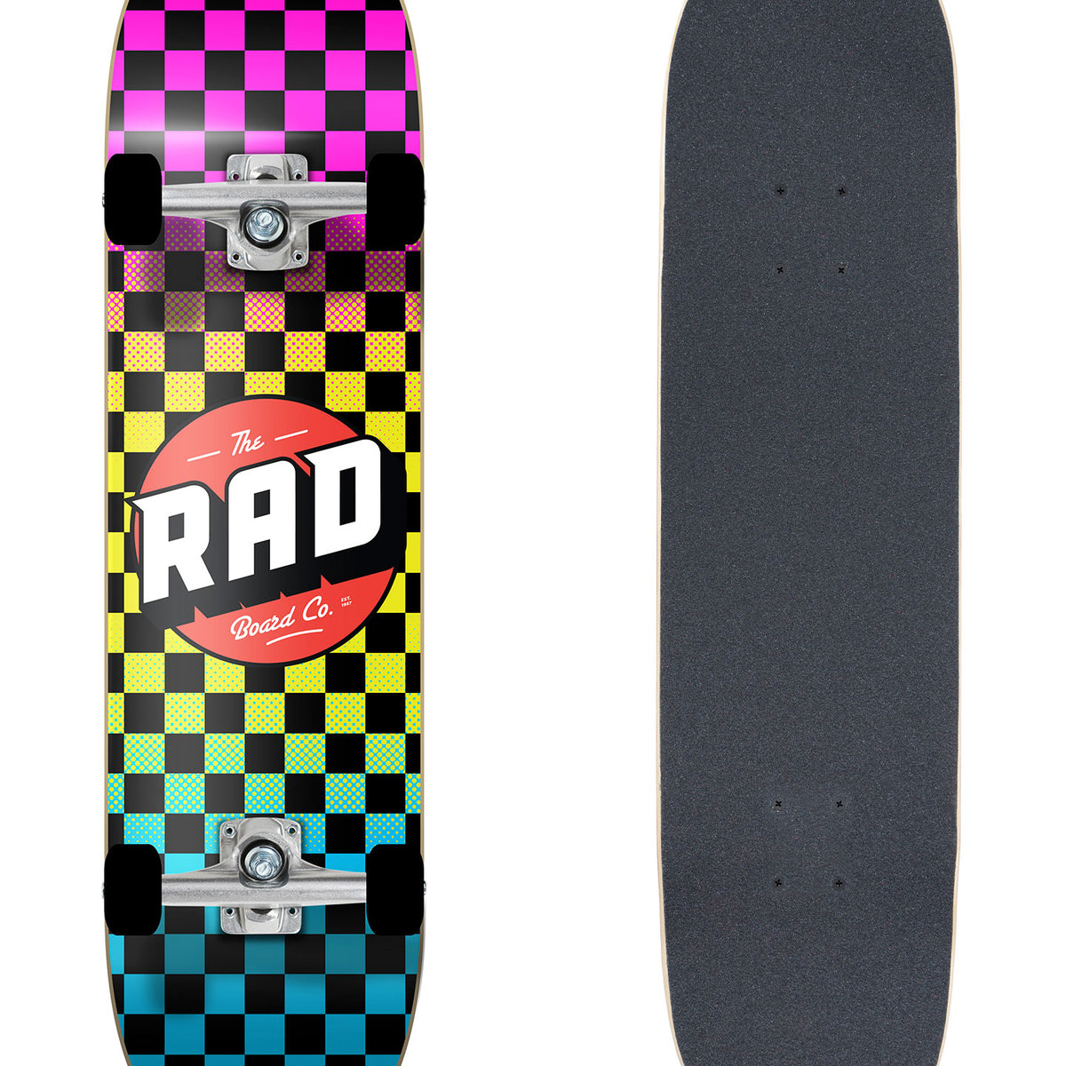 RAD COMPLETE SKATEBOARD DUDE CREW - CHECKERS NEON FADE – Podium Supply ...